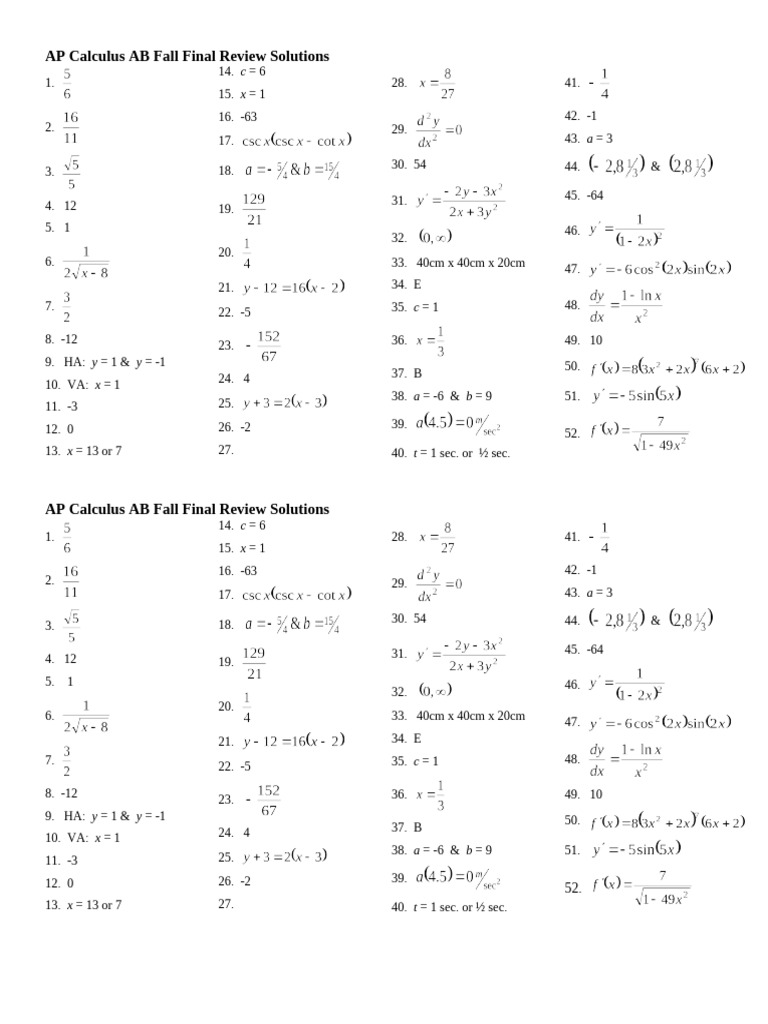 AP Calc AB Fall Final Review Key | PDF | Advanced Placement | Calculus