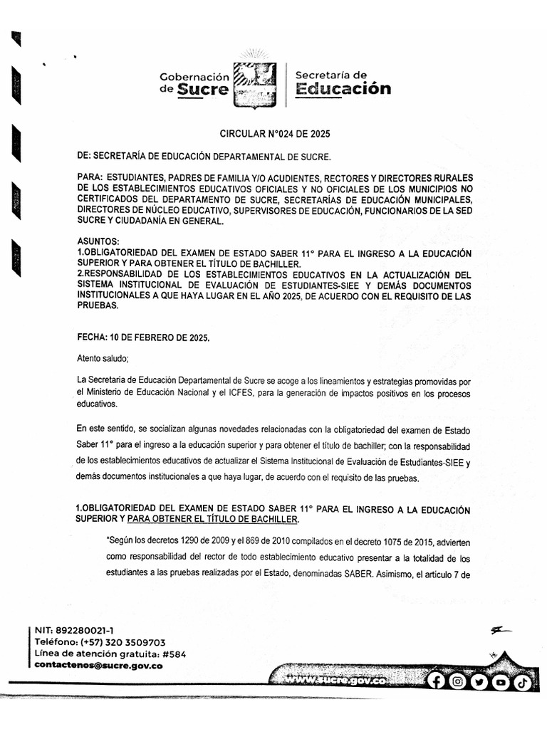 Circular 024 de 2025 Pruebas Saber 11 Obligatoriedad | PDF