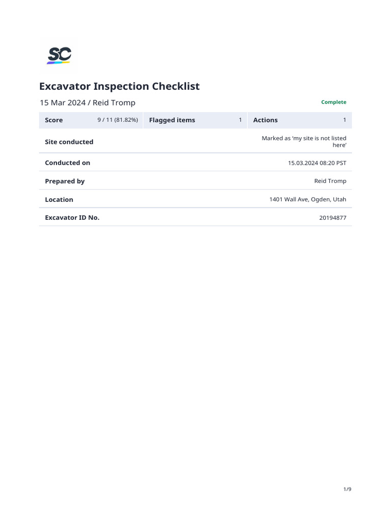 Excavator Inspection Checklist PDF Report | PDF | Manufactured Goods ...