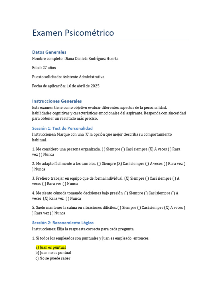 Examen Psicometrico Diana Rodriguez | PDF