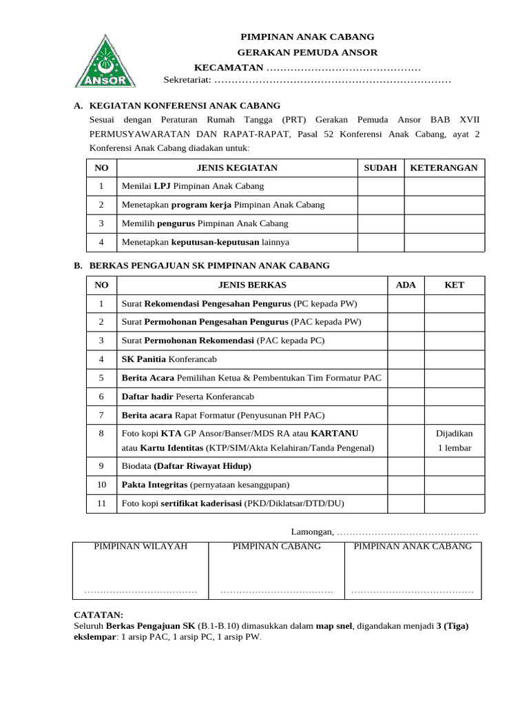 Berkas KONFERANCAB & Pengajuan SK PAC 2021 | PDF
