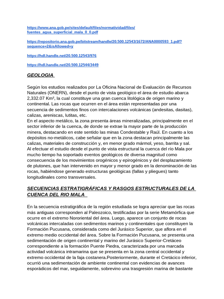 Geología y Recursos de la Cuenca del Río Mala | PDF | Río | Roca (geología)