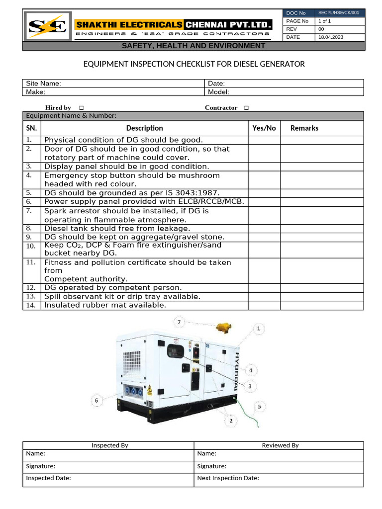 SECPL-HSE-CK-001 Diesel Generator Inspection Checklist | PDF