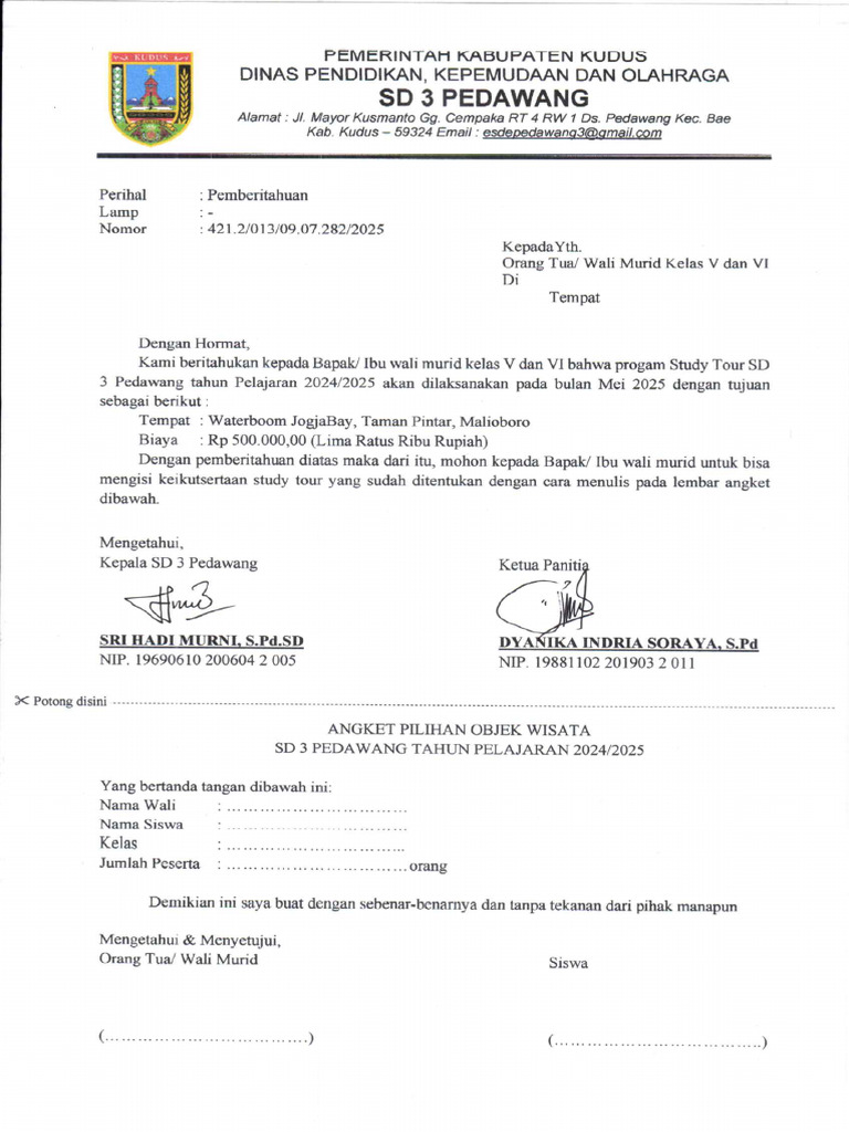 Surat Pemberitahuan Angket Study Tour20250308 - 10214933 | PDF