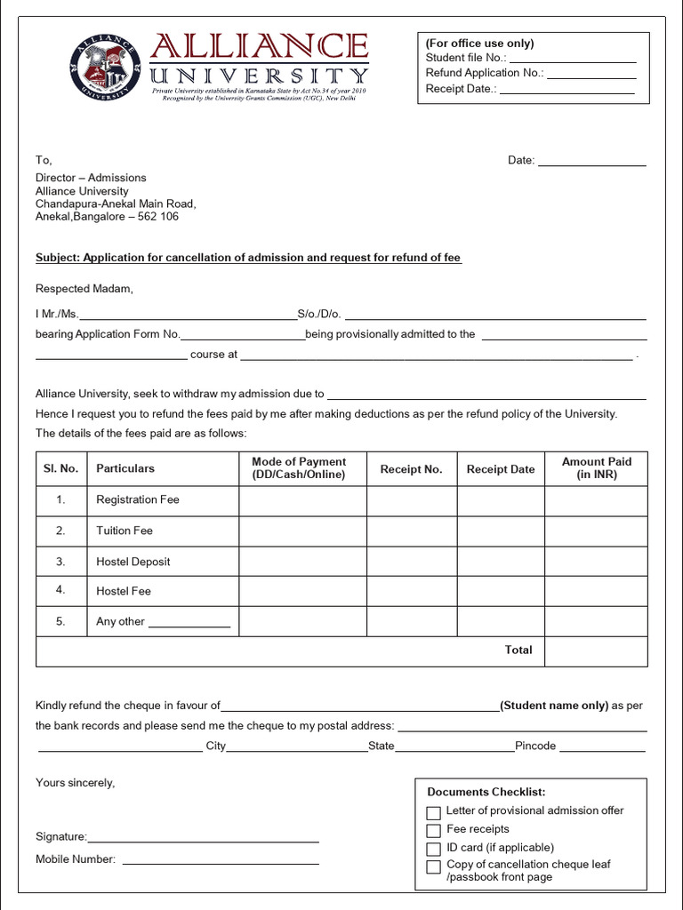 Application Form For Cancellation | PDF | Receipt | Cheque