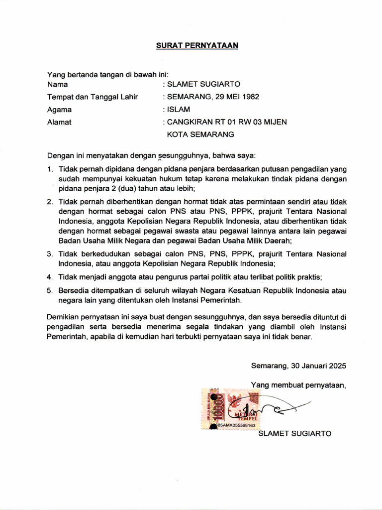 Surat Pernyataan_slamet Sugiarto | PDF