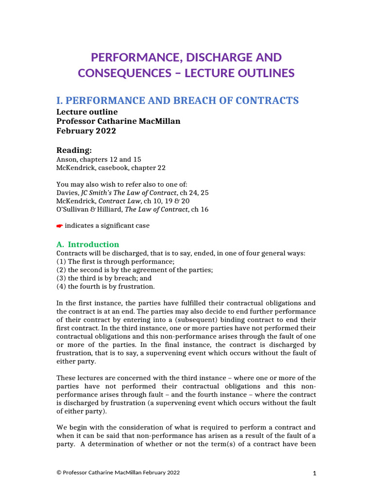 4 Performance, Discharge and Consequences Lecture Outlines 2021-22 - Tagged | PDF | Breach Of ...