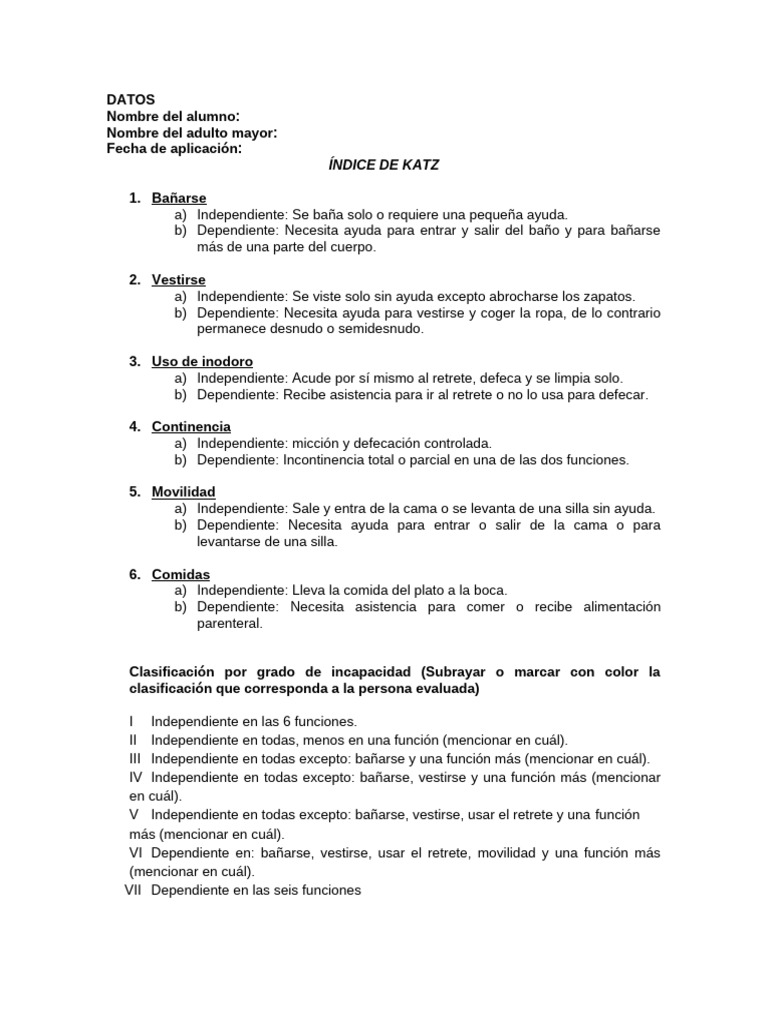 Índice de Katz en Adultos Mayores | PDF