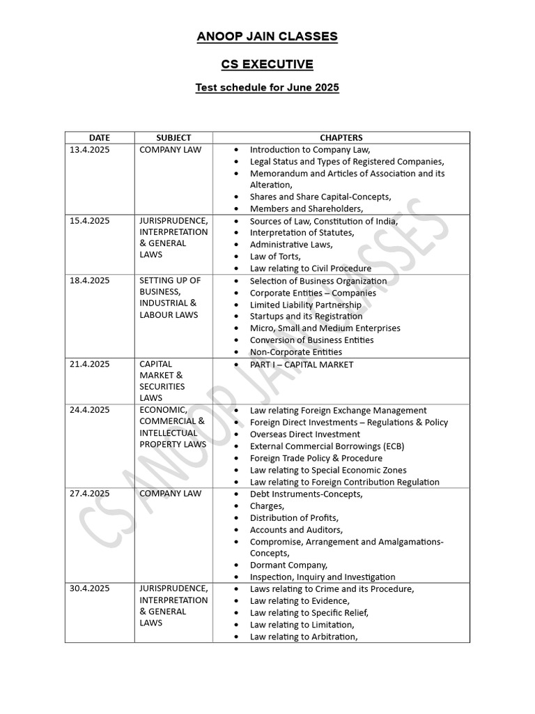 CS Executive - Test - Schedule - June 2025 | PDF | Corporate Law | Business