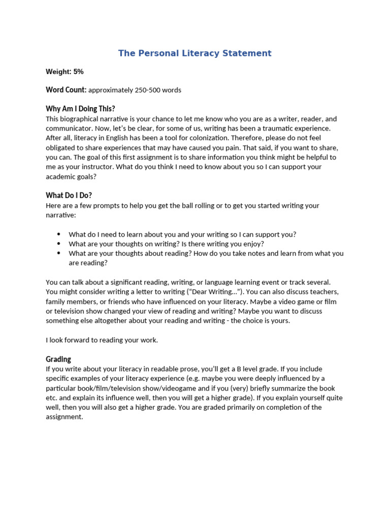 Personal Literacy Statement ATWP 135 | PDF
