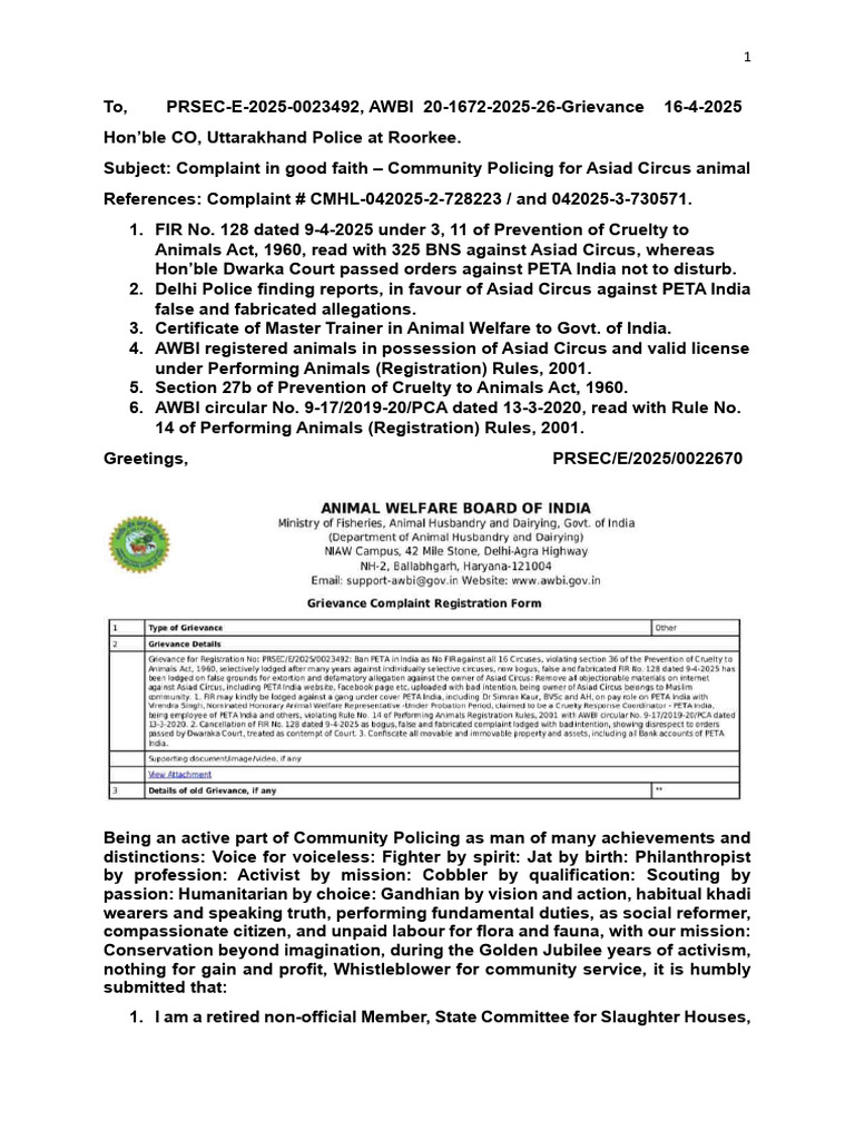 Complaint Against PETA India With Roorkee Police in Uttarakhand | PDF ...