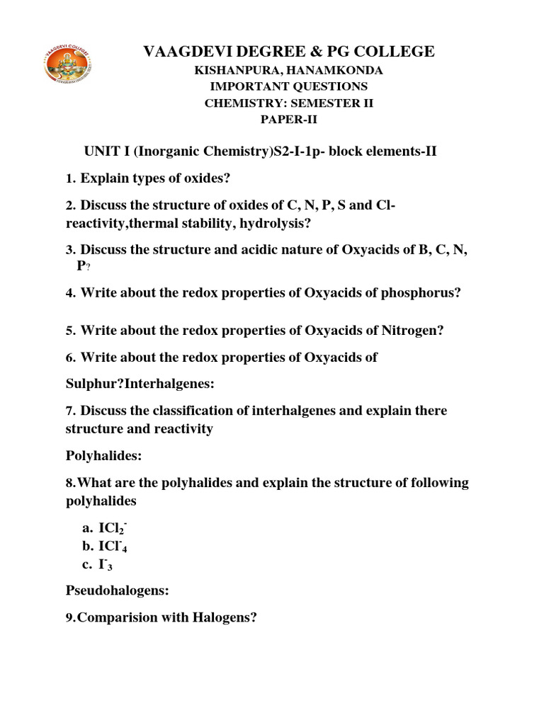 Important Chemistry Questions for B.Sc. II Sem | PDF | Chemical ...