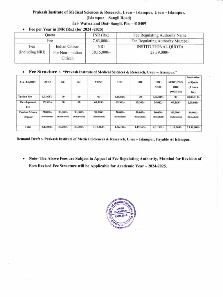 Prakash Institute MBBS Fee Structure 2024-25 | PDF | Affirmative Action ...