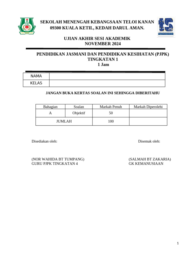 Uasa PJPK T1 2024 Jsi Skema Jawapan | PDF