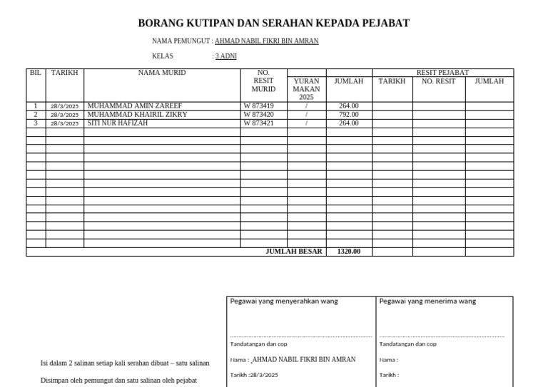 Borang Kutipan Dan Serahan 2025 | PDF