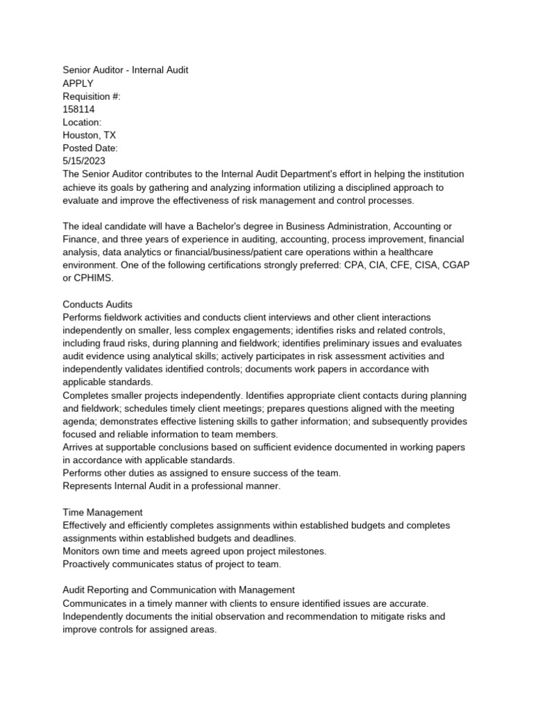 Senior Auditor - Internal Audit | PDF | Internal Audit | Audit