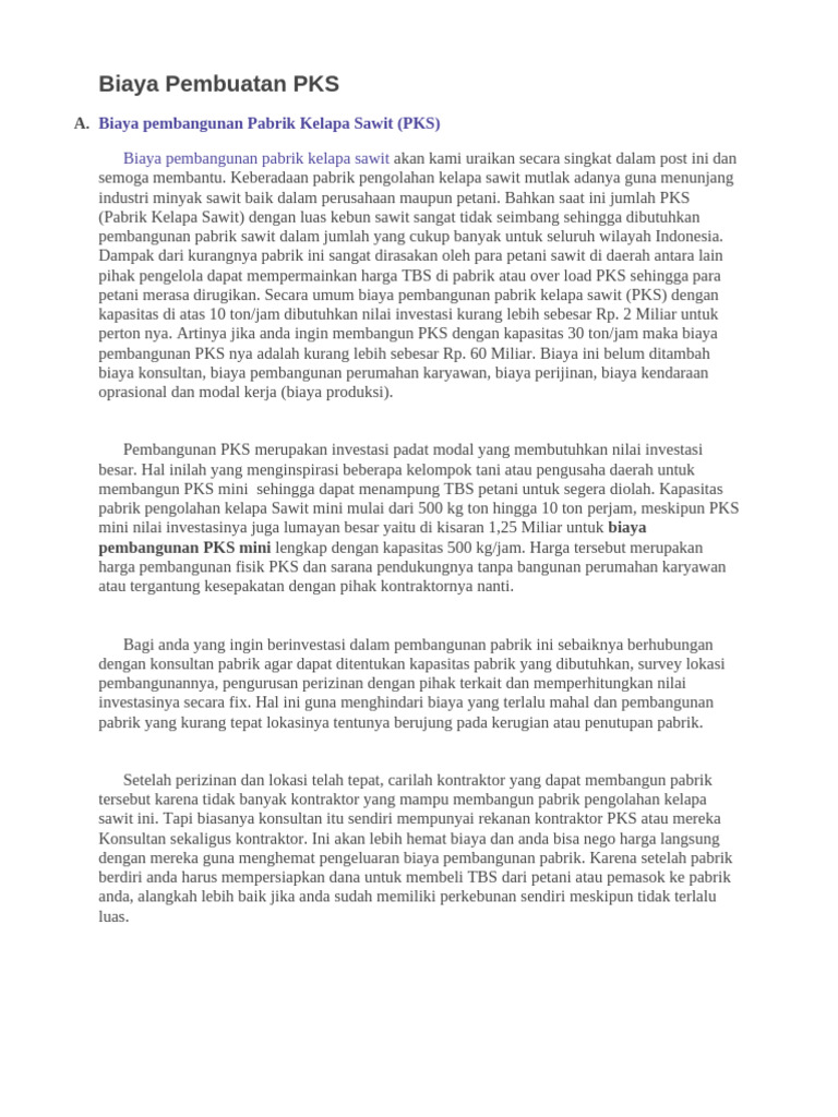 Biaya Pembuatan PKS | PDF