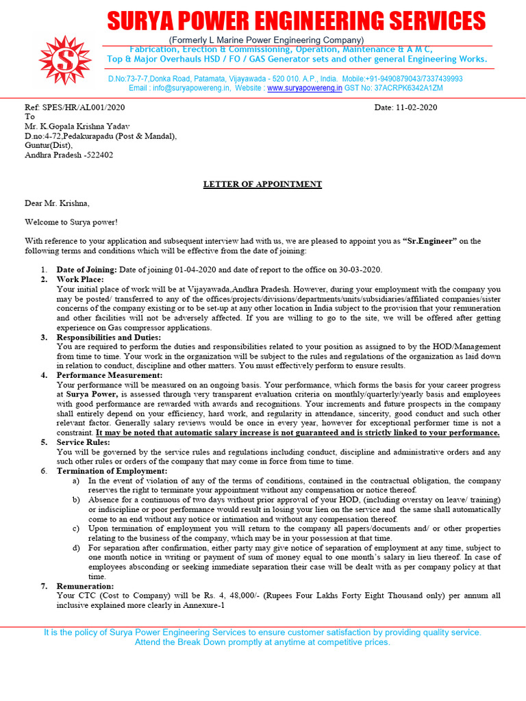 Surya Power Engineering Appointment Letter | PDF | Employment | Salary