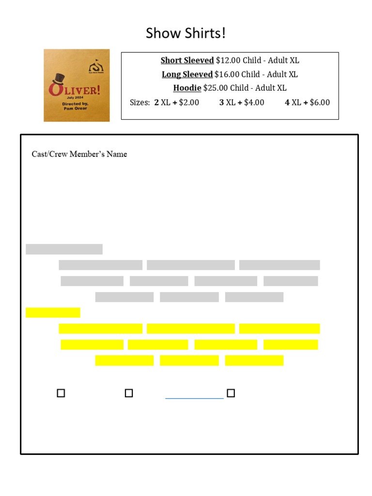 Show Shirts Order Form and Pricing | PDF
