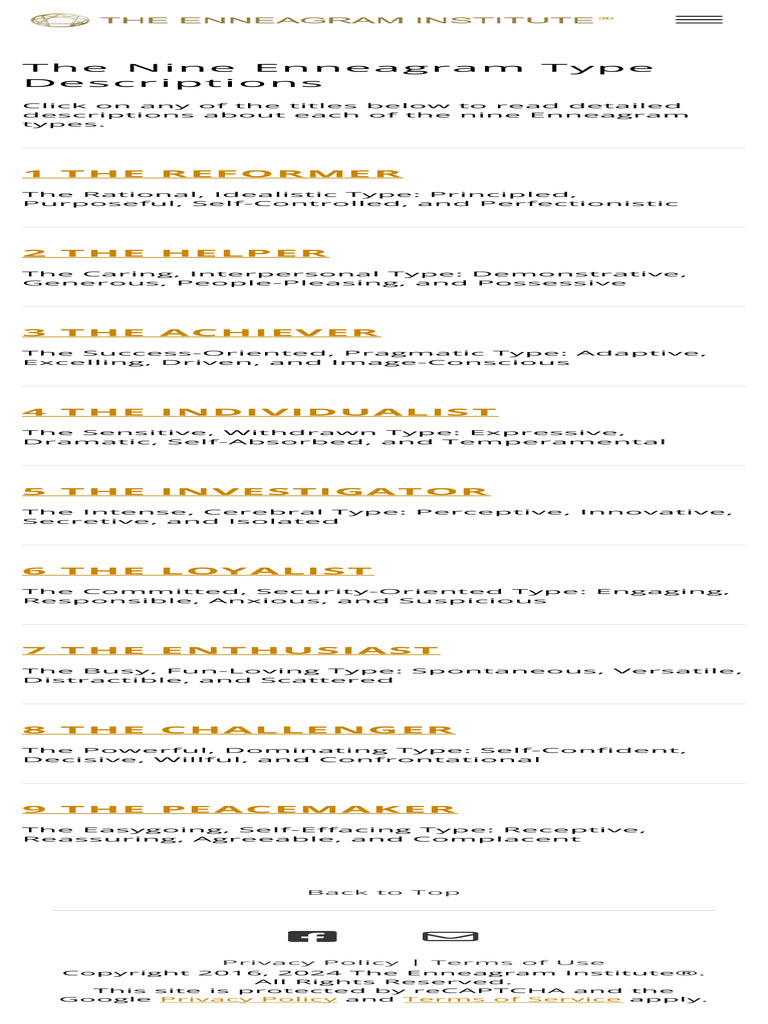 Enneagram Type Descriptions - The Enneagram Institute | PDF