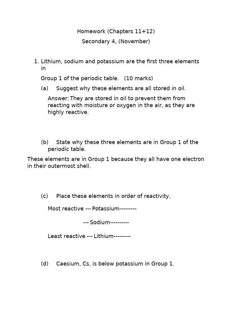Group 1 and Group 7 Elements Homework | PDF | Chlorine | Chemical Reactions