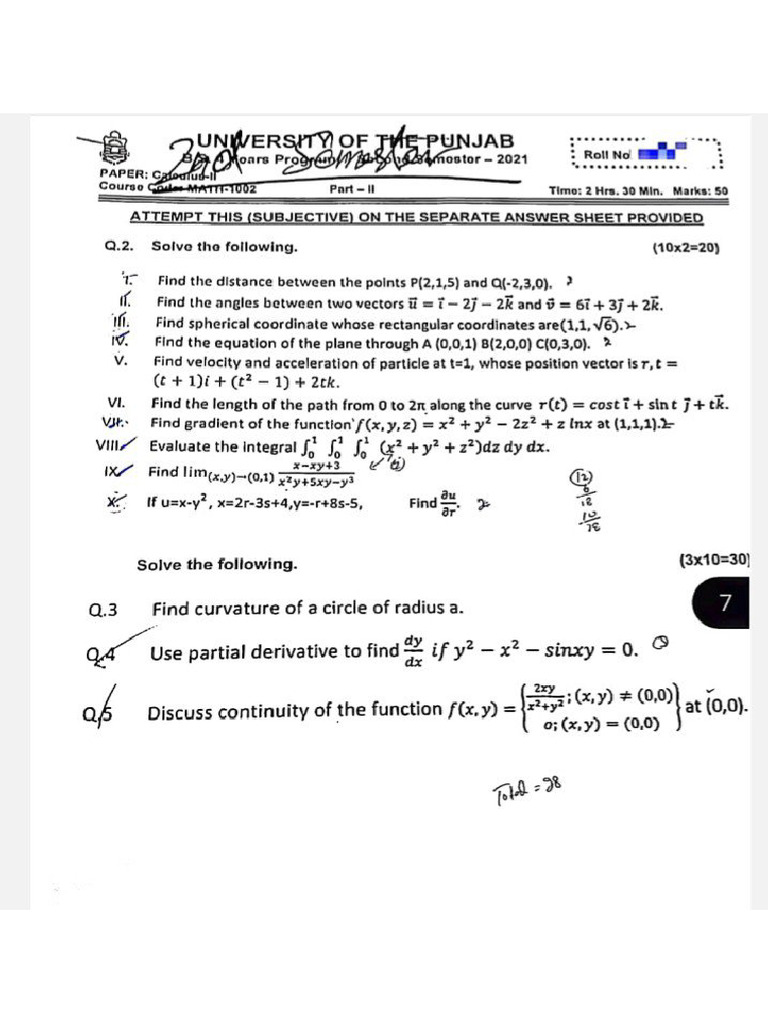 Calculus 2 - Past Paper 2021 | PDF