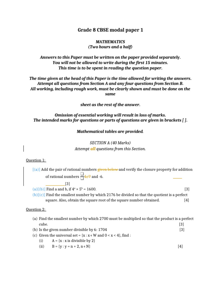 ICSE Class 8 Maths Term 1 Paper | PDF | Numbers | Mathematics