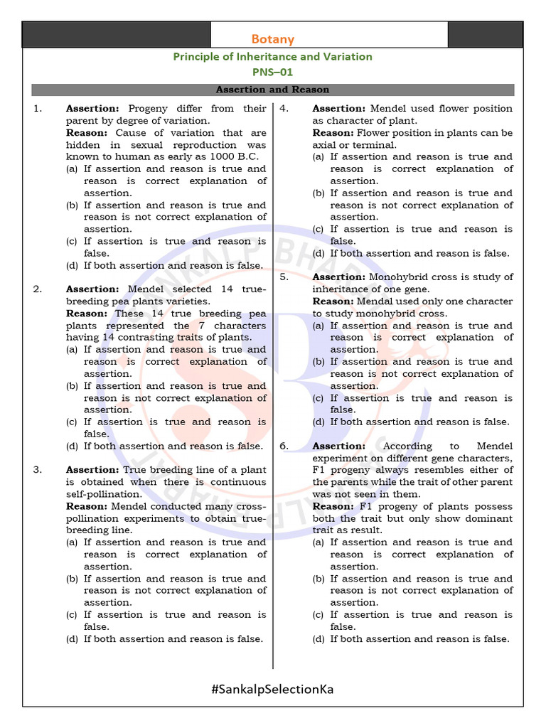 Principle of Inheritance and Variations PNS 01 (Assertion & Reason) - 2672 - 1711015382538 | PDF ...