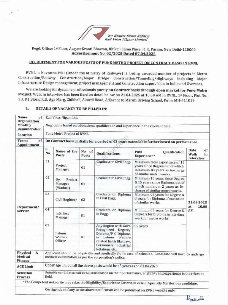 Walk in Interview On 21 Apr 2025 For Pune Metro Project-1 | PDF