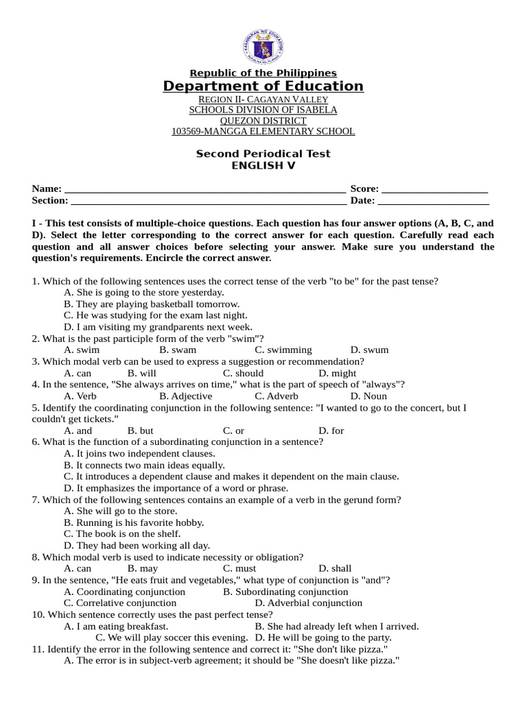 ENGLISH 5 2nd P.Test W - Answer Key | PDF | Narration | Verb