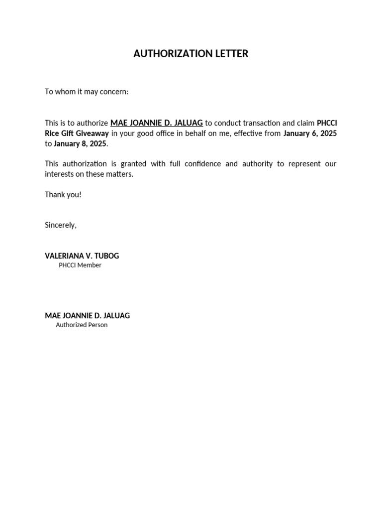 PHCCI Rice Gift Authorization Letter | PDF