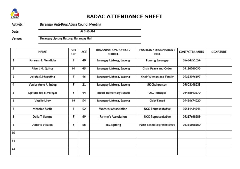 Badac Attendance Sheet | PDF