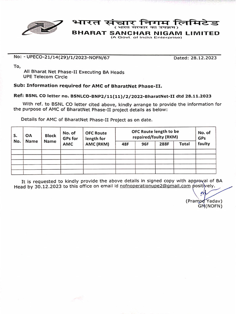 Letter to BAs-OAs to provide Information for AMC of BharatNet Phase-II ...