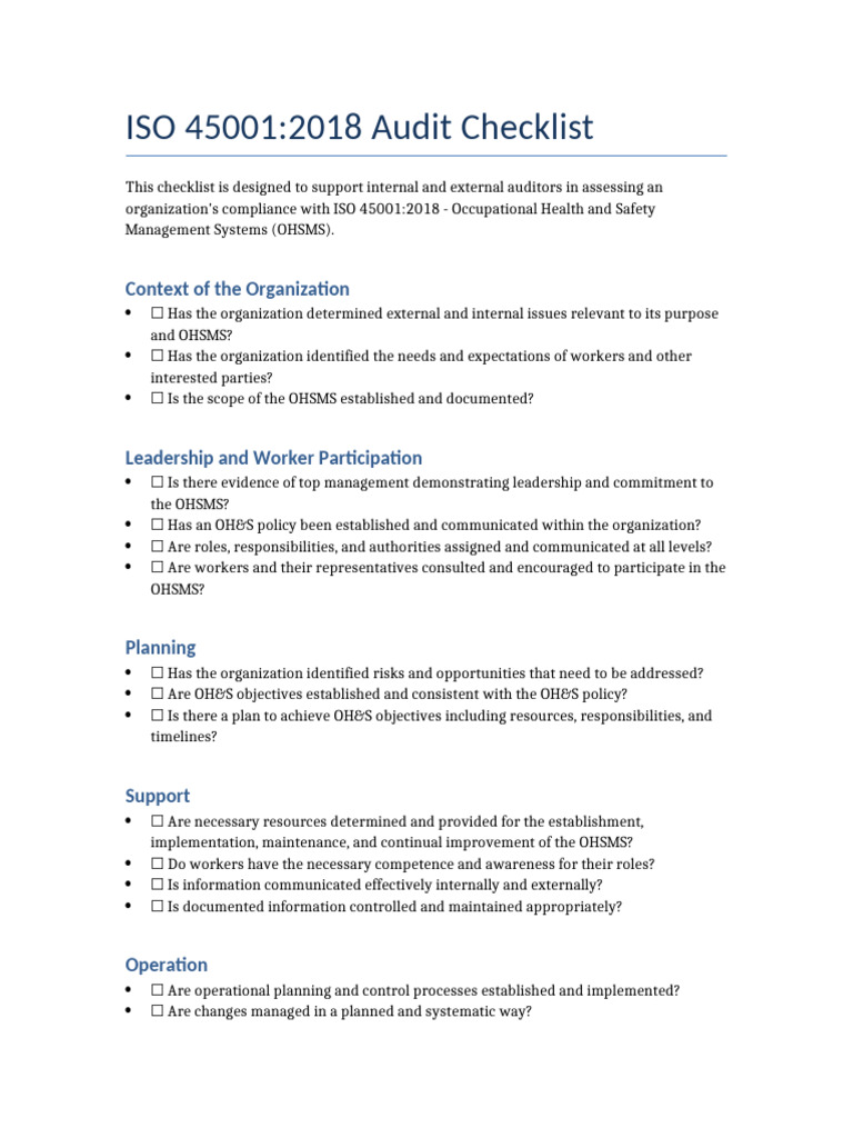 ISO 45001 Audit Checklist | PDF