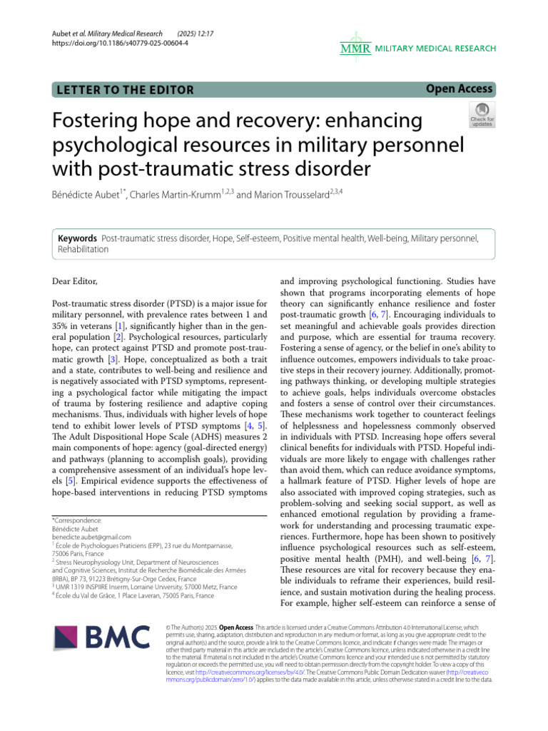 Fostering Hope and Recovery: Enhancing Psychological Resources in ...