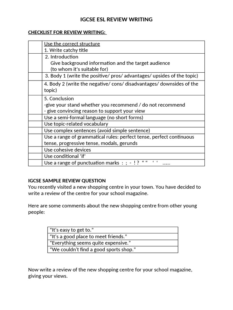 Igcse Esl Review Writing | PDF | Language Mechanics | Grammar