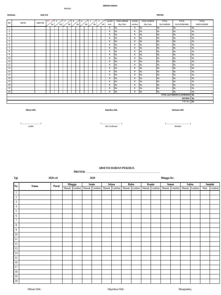 Format Absensi Tukang Di Project. | PDF
