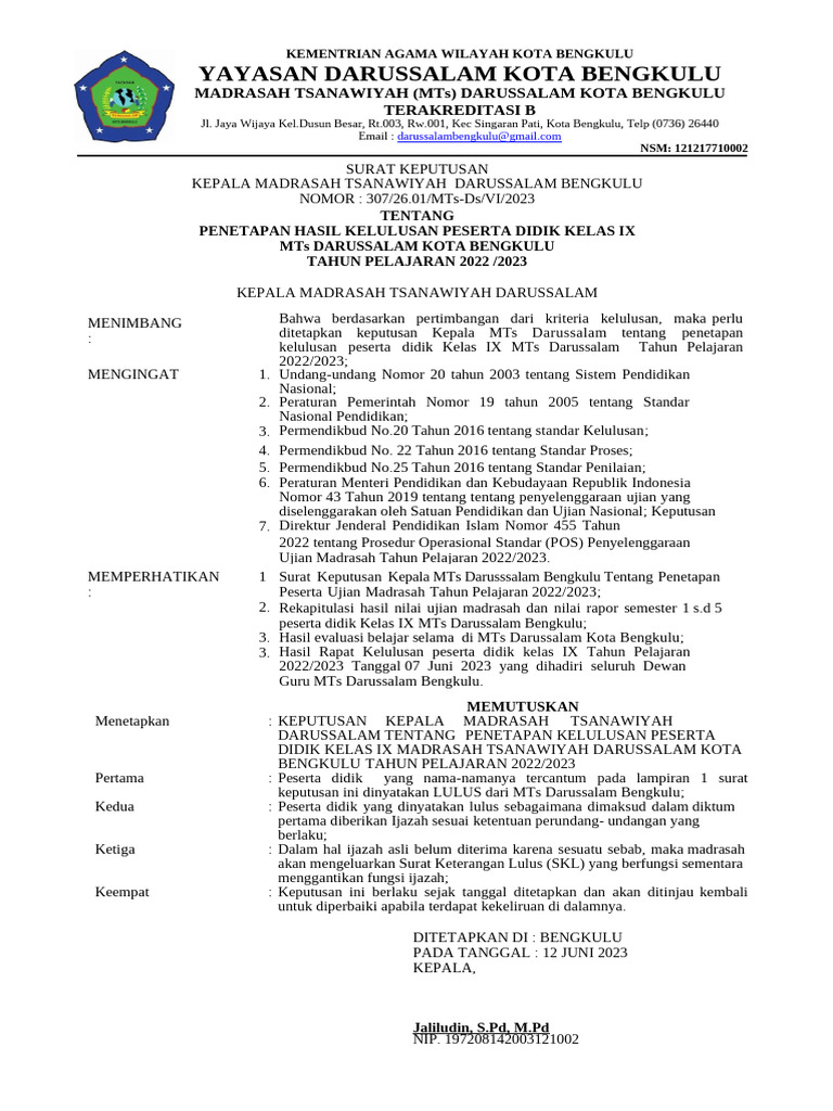 SK Kelulusan Kelas Ix TP 2022 - 2023 | PDF