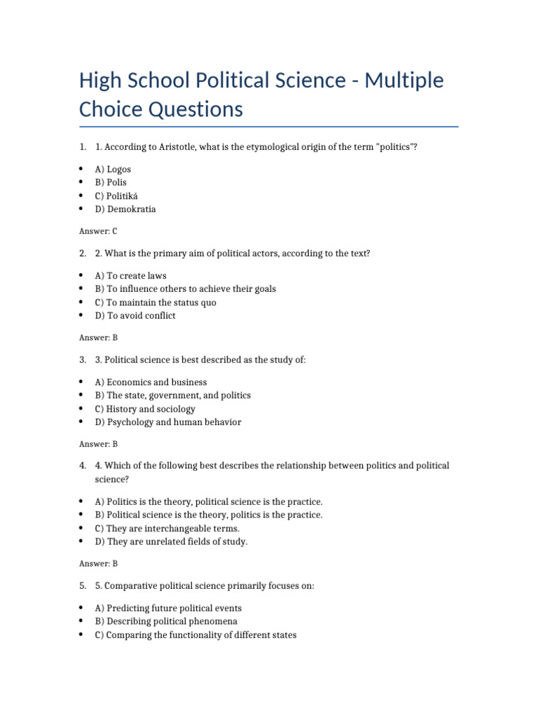 High School Political Science Quiz | PDF | Democracy | Political Ideologies