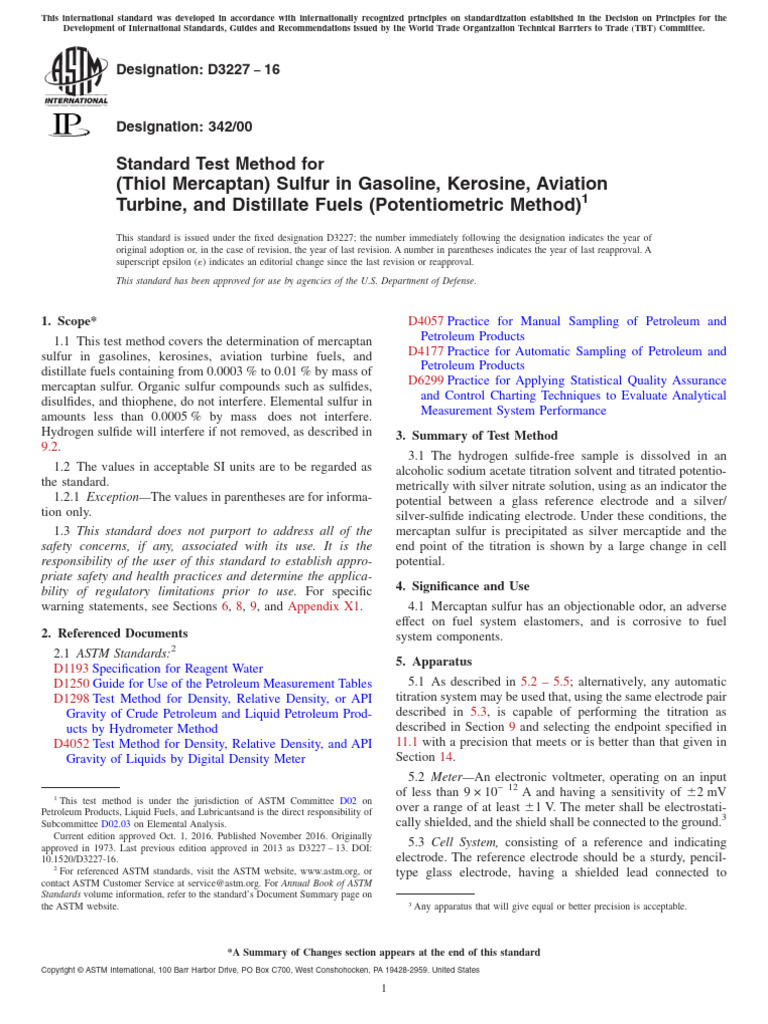 D3227-16 Standard Test Method For Sulphur in Gasoline, Kerosine ...