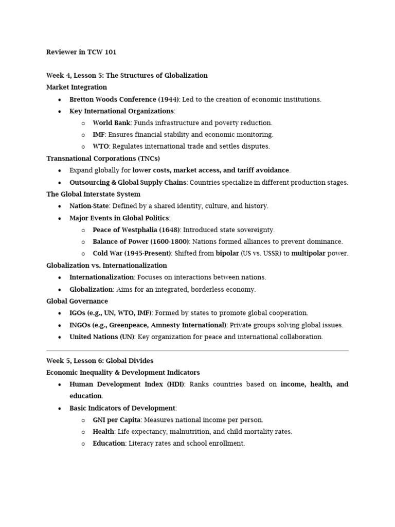 Reviewer for TCW 101 Q1 p2 | PDF | Globalization | Developing Country
