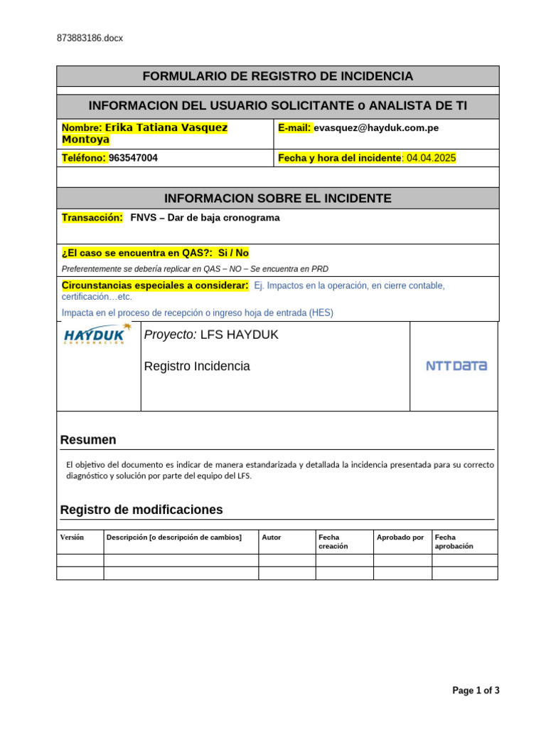 Ticket Descripción Corta - Registro Incidencia v5.0 - Modelo (2) 5 NTT DATA Soporte - Baja ...