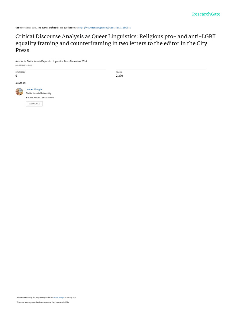 Critical Discourse Analysis As Queer Linguistics R | PDF | Framing ...