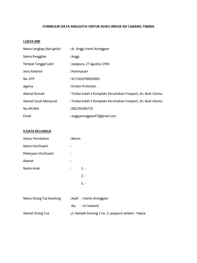 Formulir Data Anggota Untuk Buku Induk Idi Cabang Timika | PDF