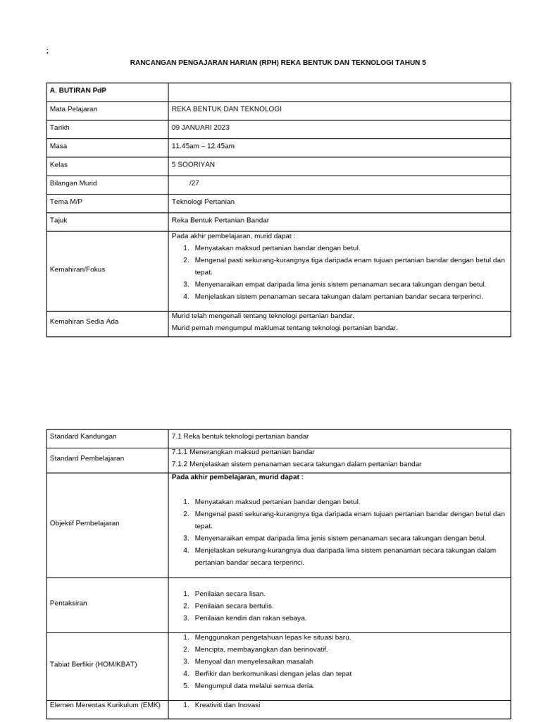 RPH Tahun 5 09 Januari 2023 | PDF