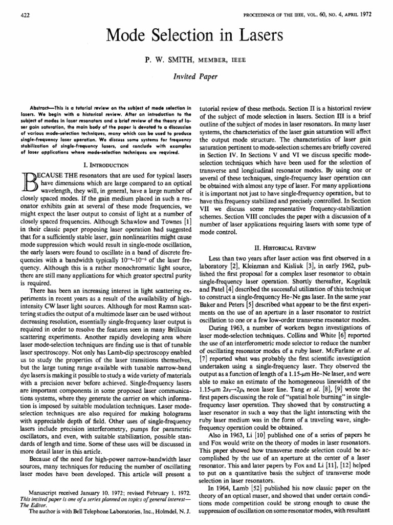 Mode Selection in Lasers | PDF | Laser | Atomic