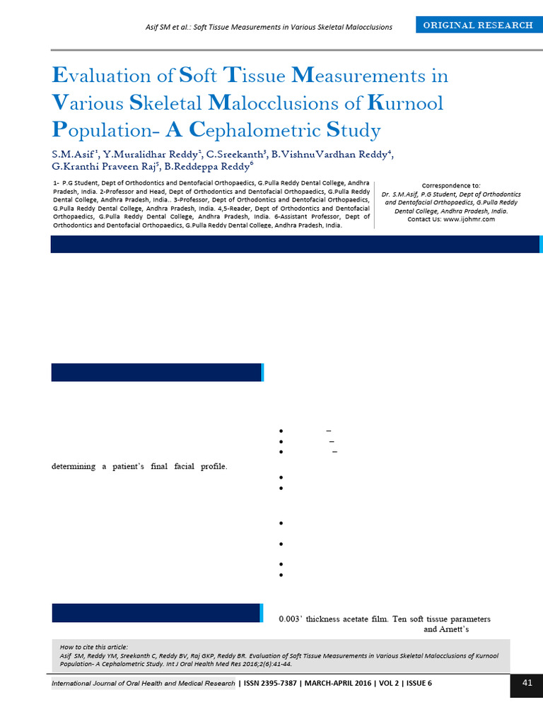 Evaluationof Soft Tissue Measurementsin Various Skeletal Malocclusions ...