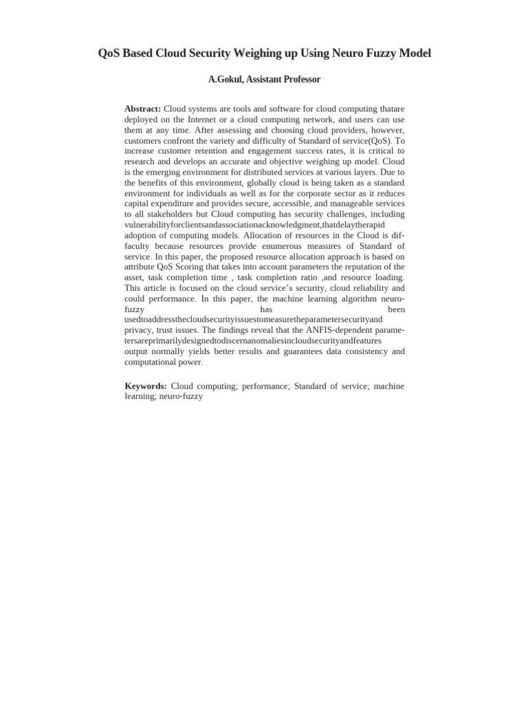 Qos Based Cloudsecurity Evaluation Using Neuro Fuzzy Model Pdf Cloud Computing Fuzzy Logic