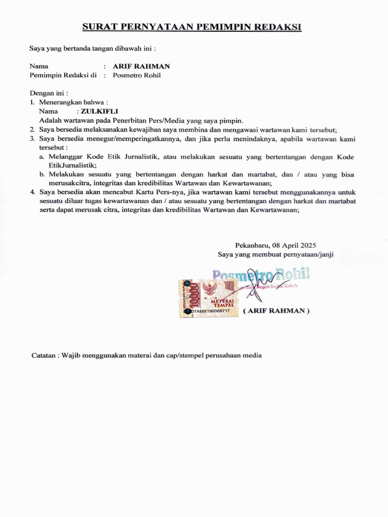 Surat Pernyataan Pemimpin Redaksi | PDF