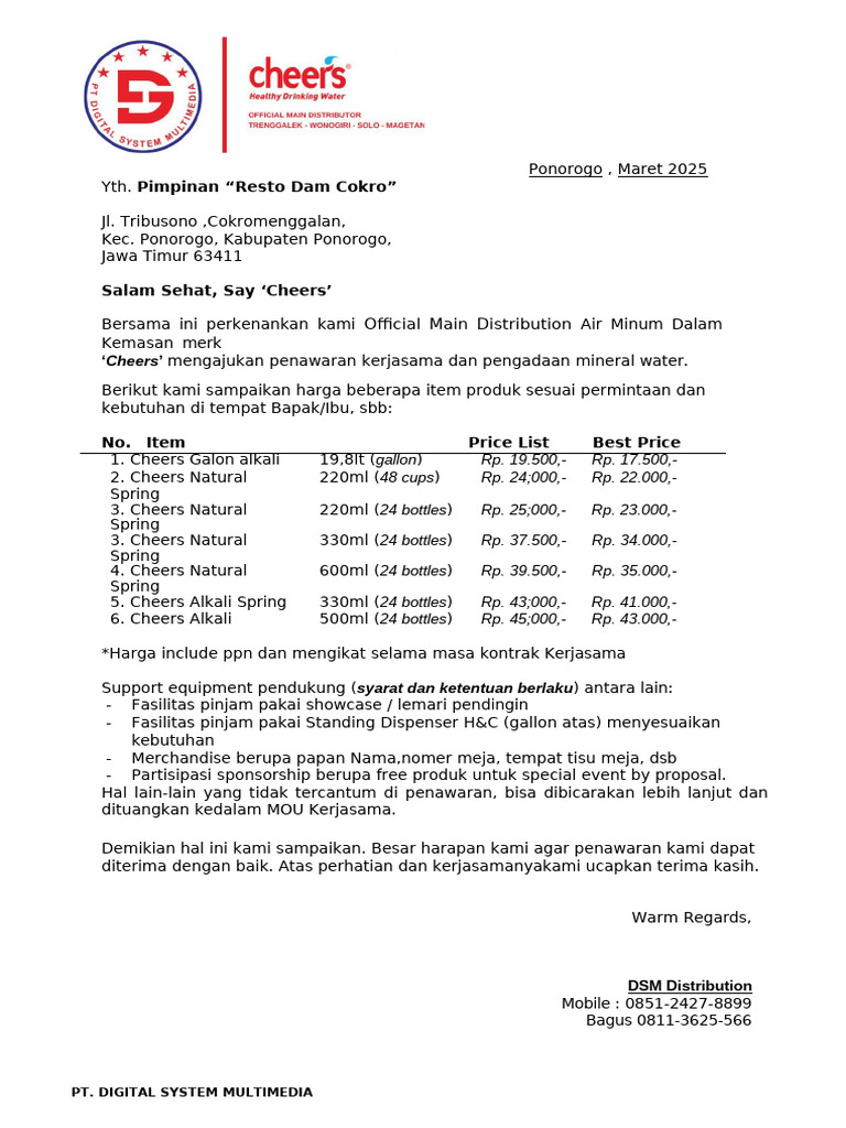 Penawaran Kerjasama Air Minum Cheers | PDF